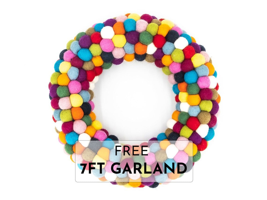 Wool Felt Ball Wreath With Hand Felted Multicolor Pom Pom Balls for ...