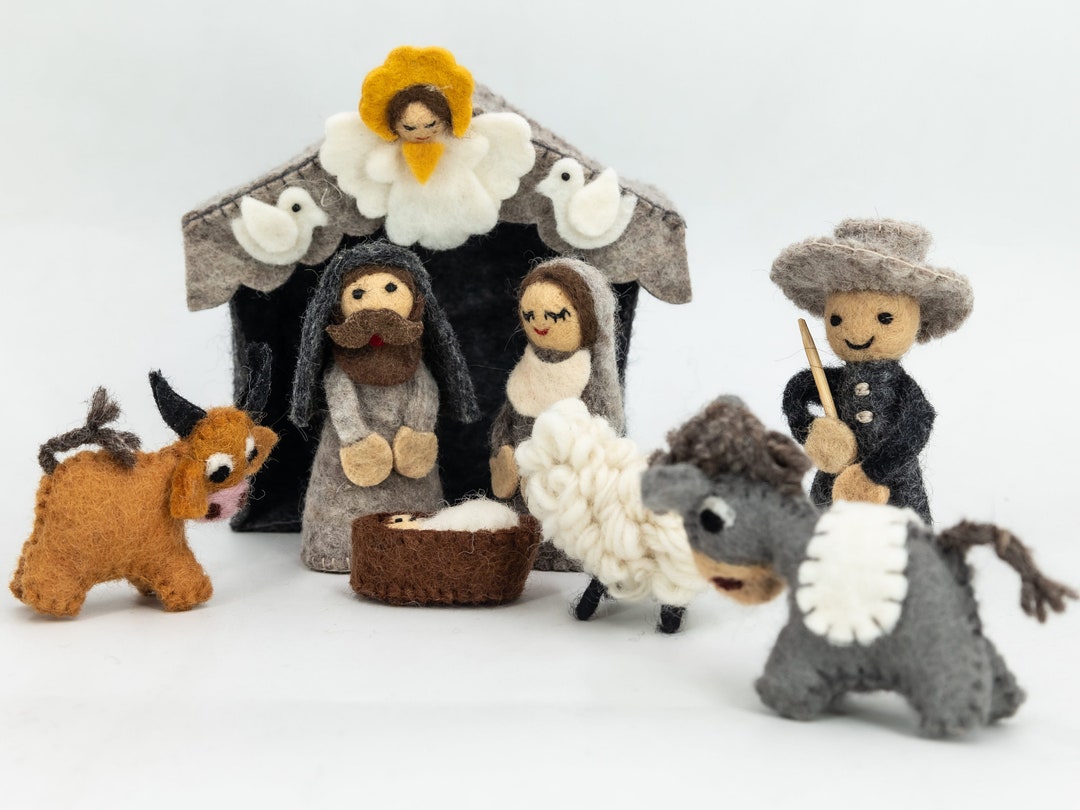 Vintage Nativity Set Handmade Natural Wool Felted Nativity Set of 7 for ...