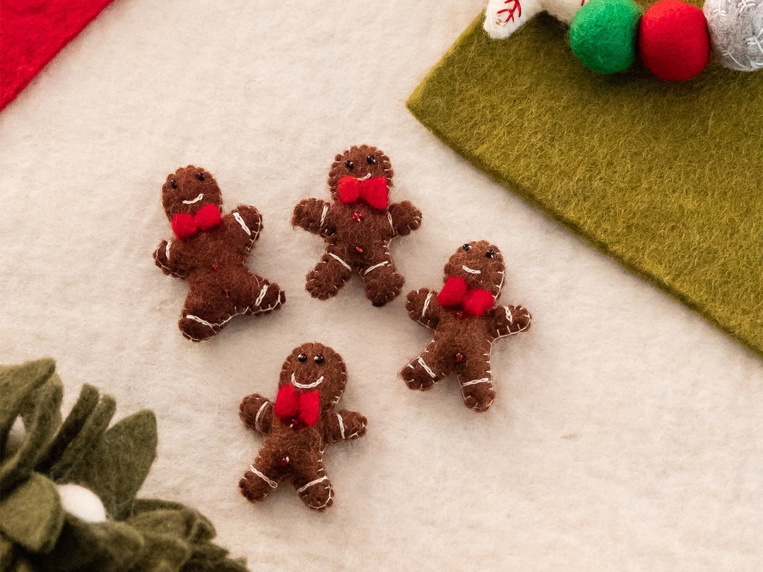25 Pieces 4cm Wool Felt Tiny Gingerbread Man With Red Bow Christmas ...