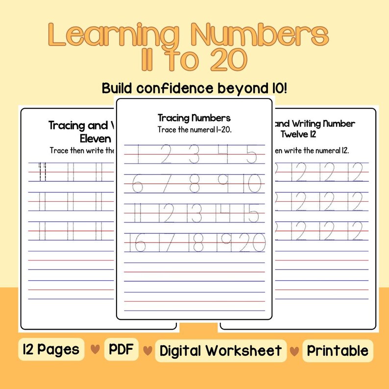 Math Learning Numbers 11 to 20 Tracing and Writing Worksheets for ...