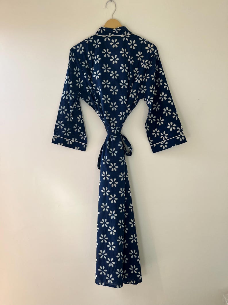 Blue Floral Cotton Kimono Robe | Block Print Lounge Wear, Bohemian ...