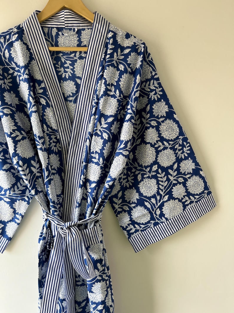 Blue Floral Cotton Kimono Robe, Block Print Bathrobe, Lightweight ...