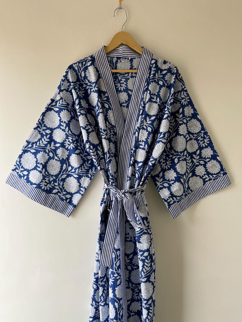 Blue Floral Cotton Kimono Robe, Block Print Bathrobe, Lightweight ...