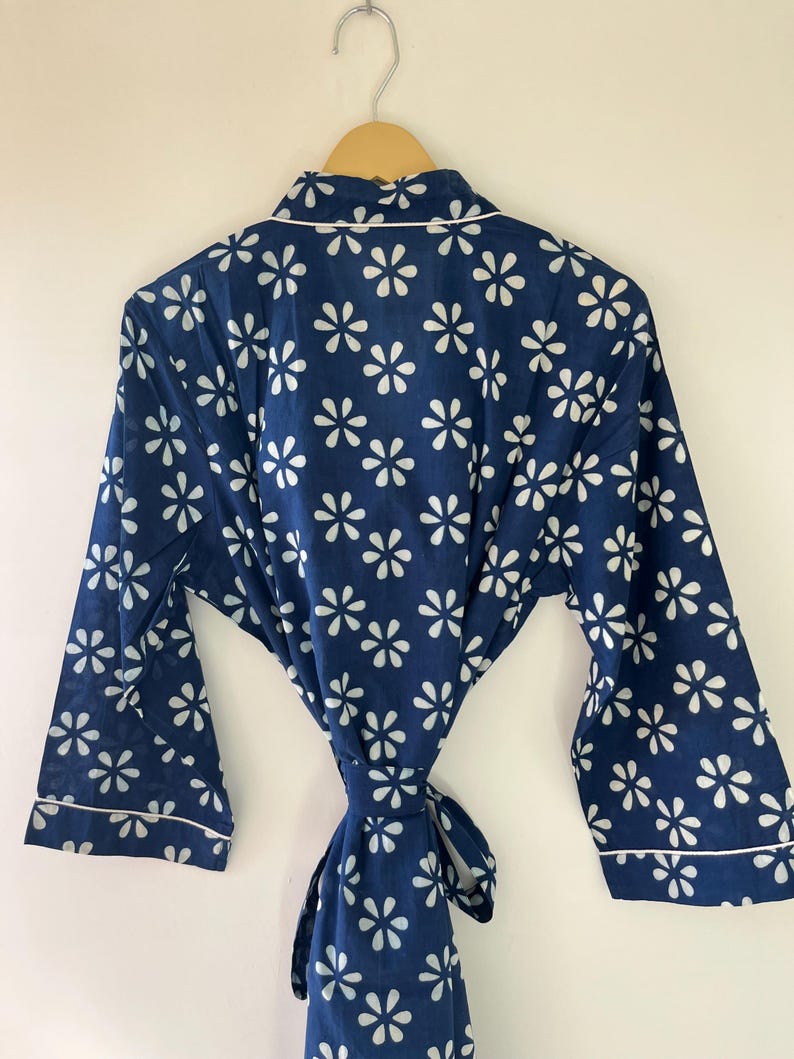 Blue Floral Cotton Kimono Robe | Block Print Lounge Wear, Bohemian ...