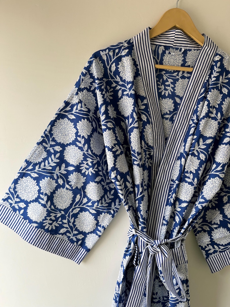 Blue Floral Cotton Kimono Robe, Block Print Bathrobe, Lightweight ...