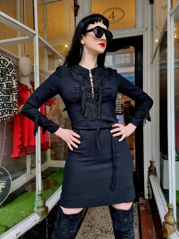 Sexy Vintage 1970s 70s Cher Style Black Fringed Lace… Gem