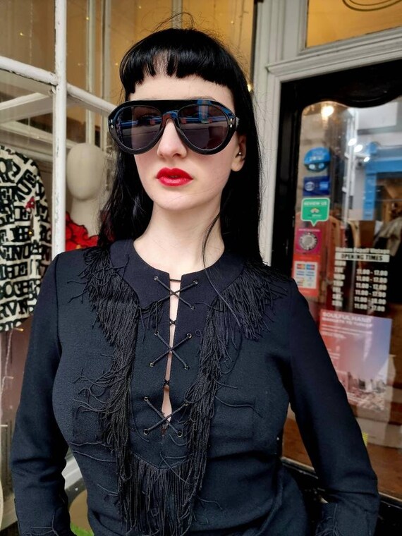 Sexy Vintage 1970s 70s Cher Style Black Fringed Lace… Gem