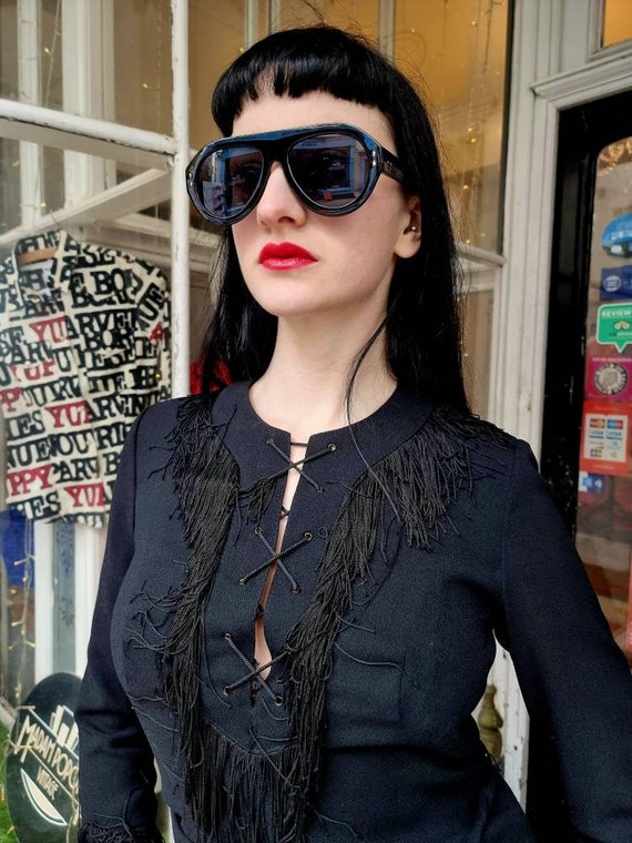 Sexy Vintage 1970s 70s Cher Style Black Fringed Lace… Gem