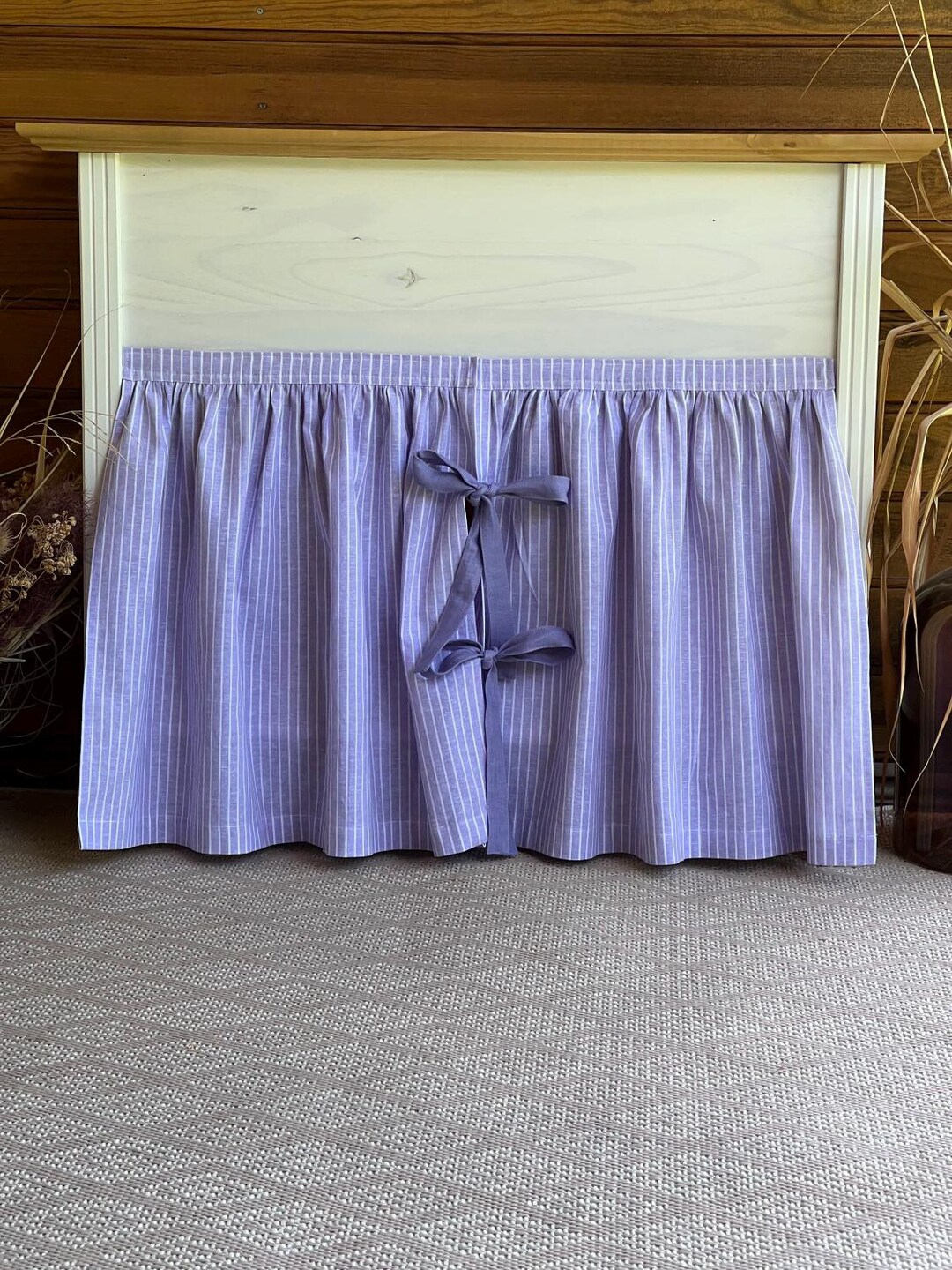 Lilac Stripes Curtains With Bows, Fabric Ribbon Ties, Hook and Loop ...