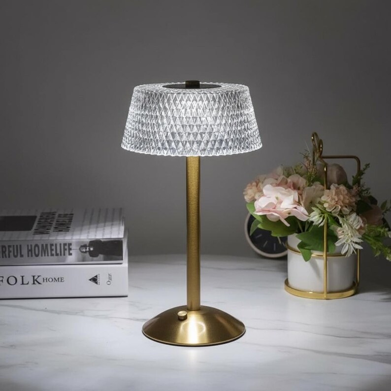 Crystal Pattern Lamp | Gold Base Table Light | Modern Rechargeable Desk ...