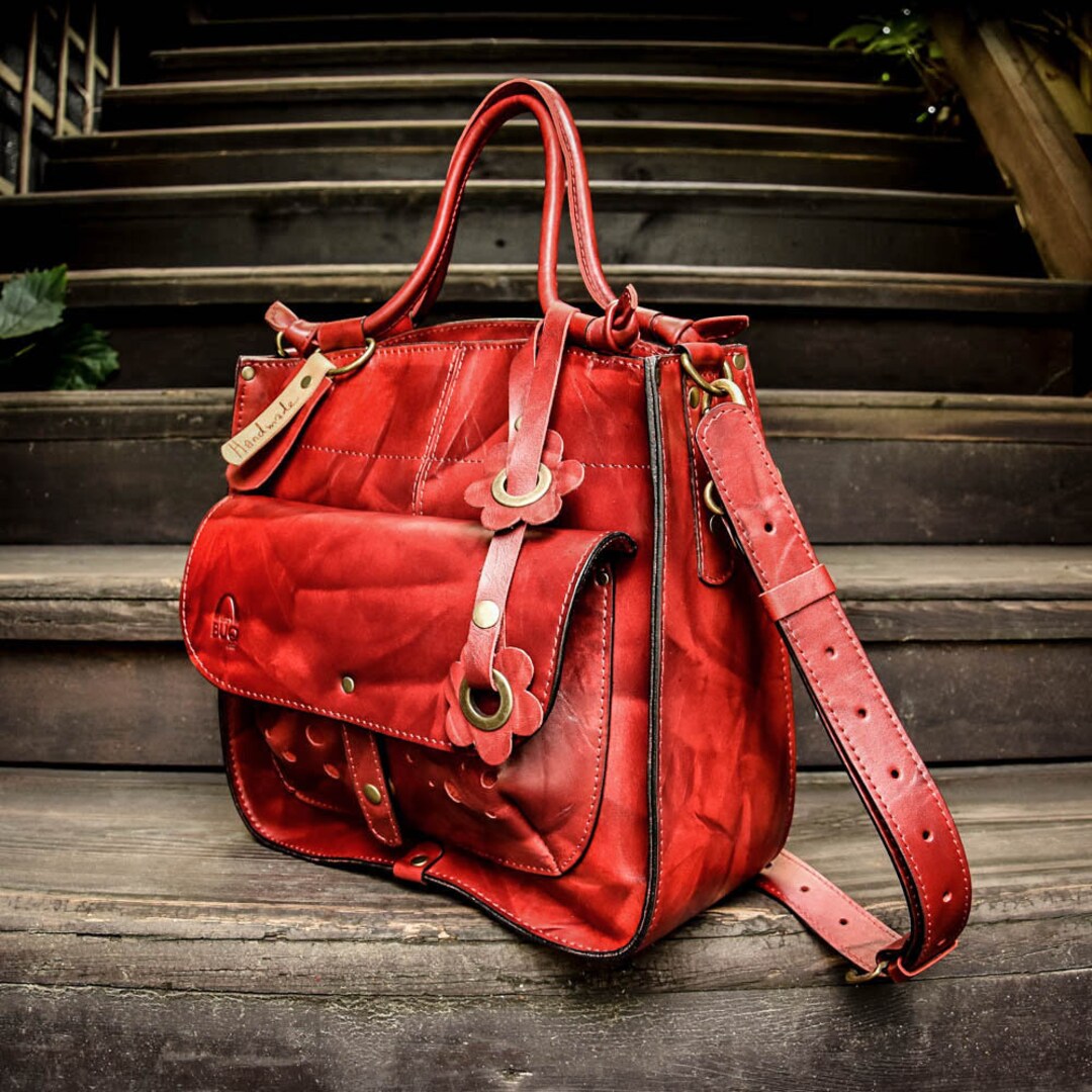 Handmade Red Leather Hobo Bag: Boho Tote With Strap - Etsy