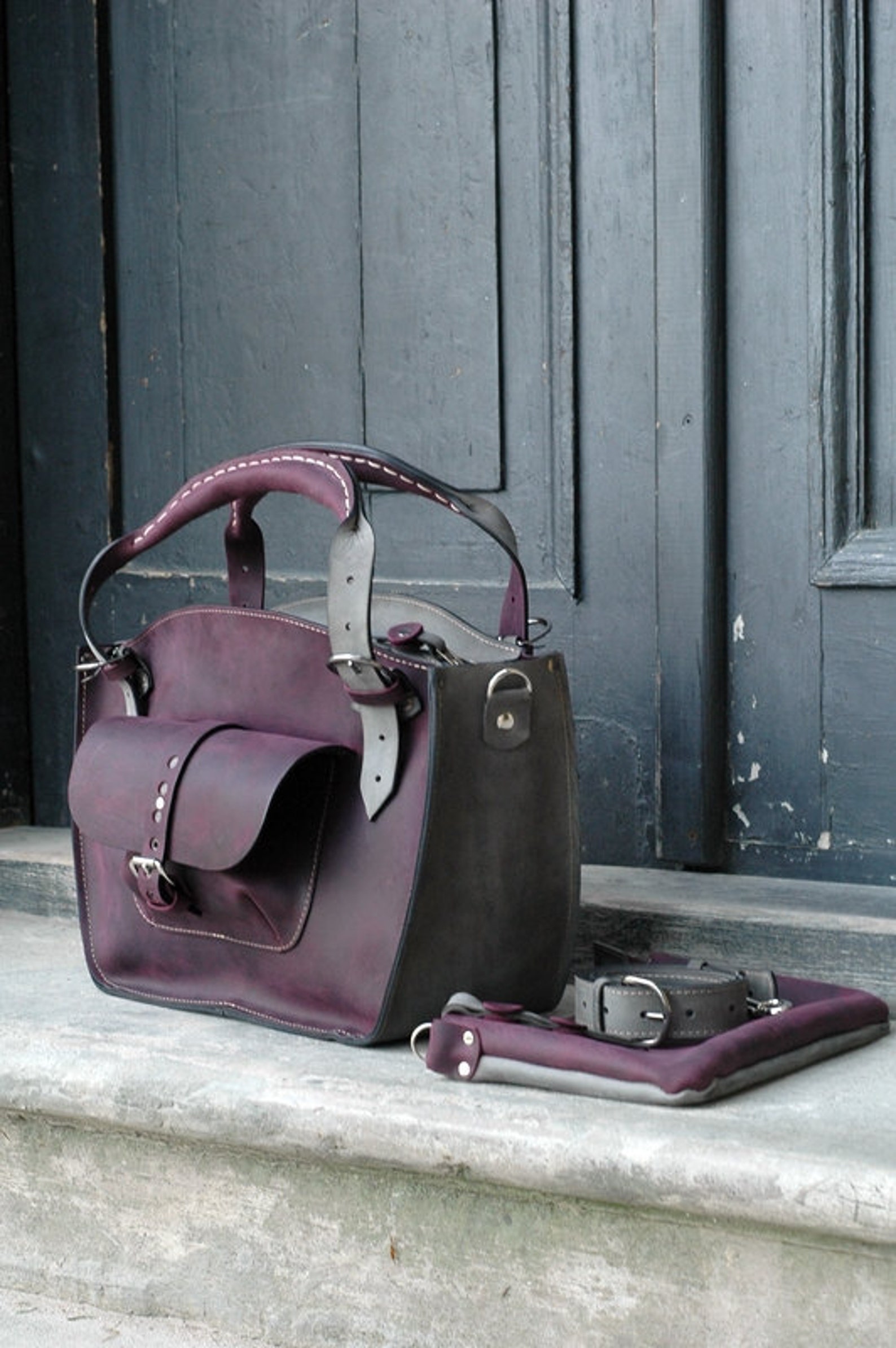 Leather Shoulder Bag With Clutch Set Handmade Bag Ladybuq Plum Etsy