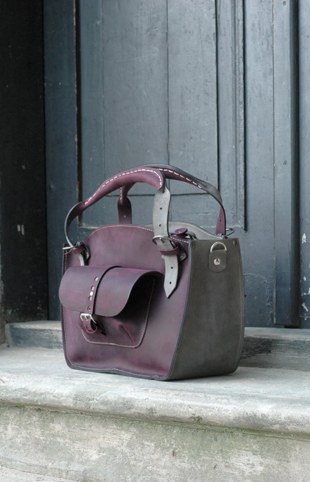 Leather Shoulder Bag With Clutch Set Handmade Bag Ladybuq Plum Etsy