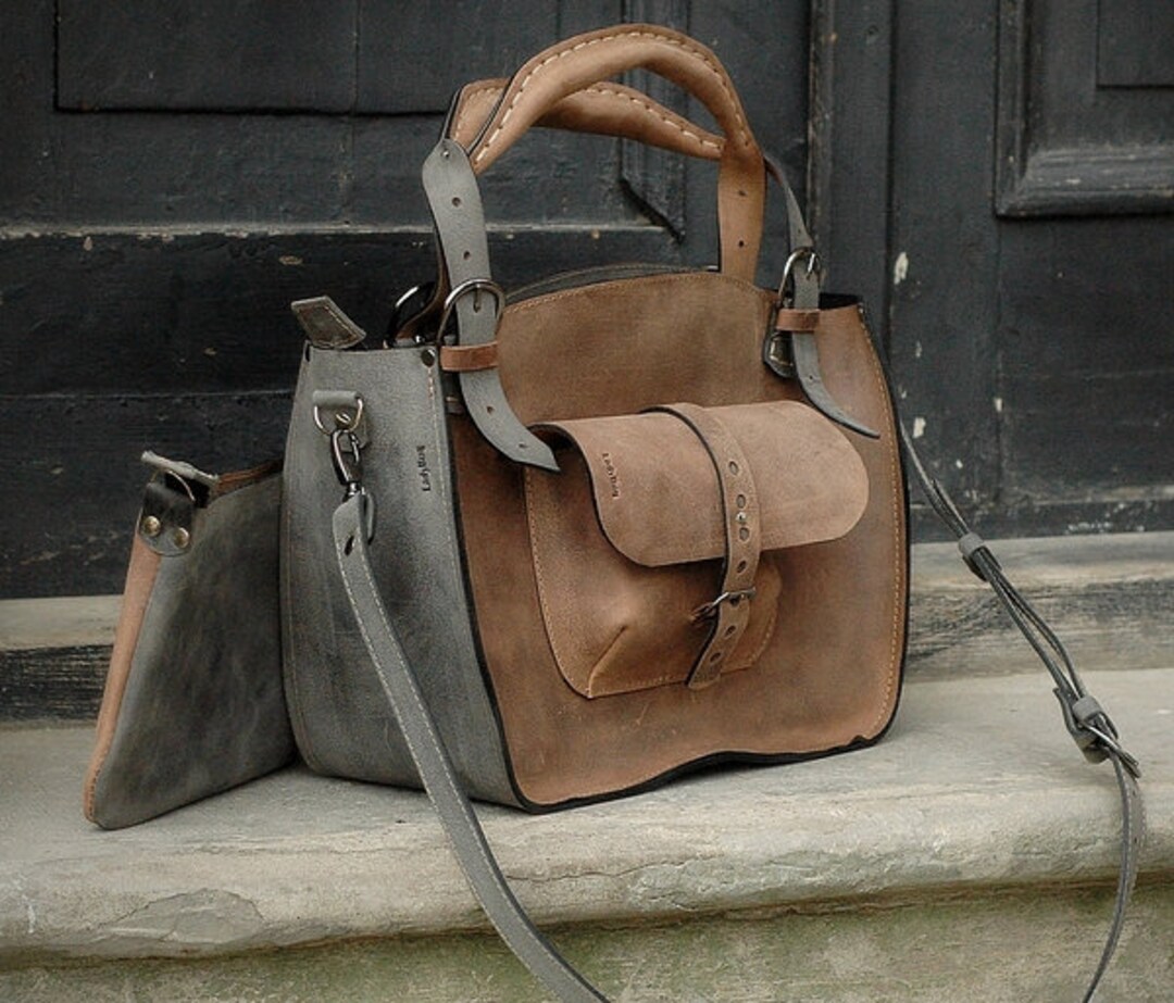 Leather Shoulder Bag With Clutch Laptop Bag Handbag Handmade Purse