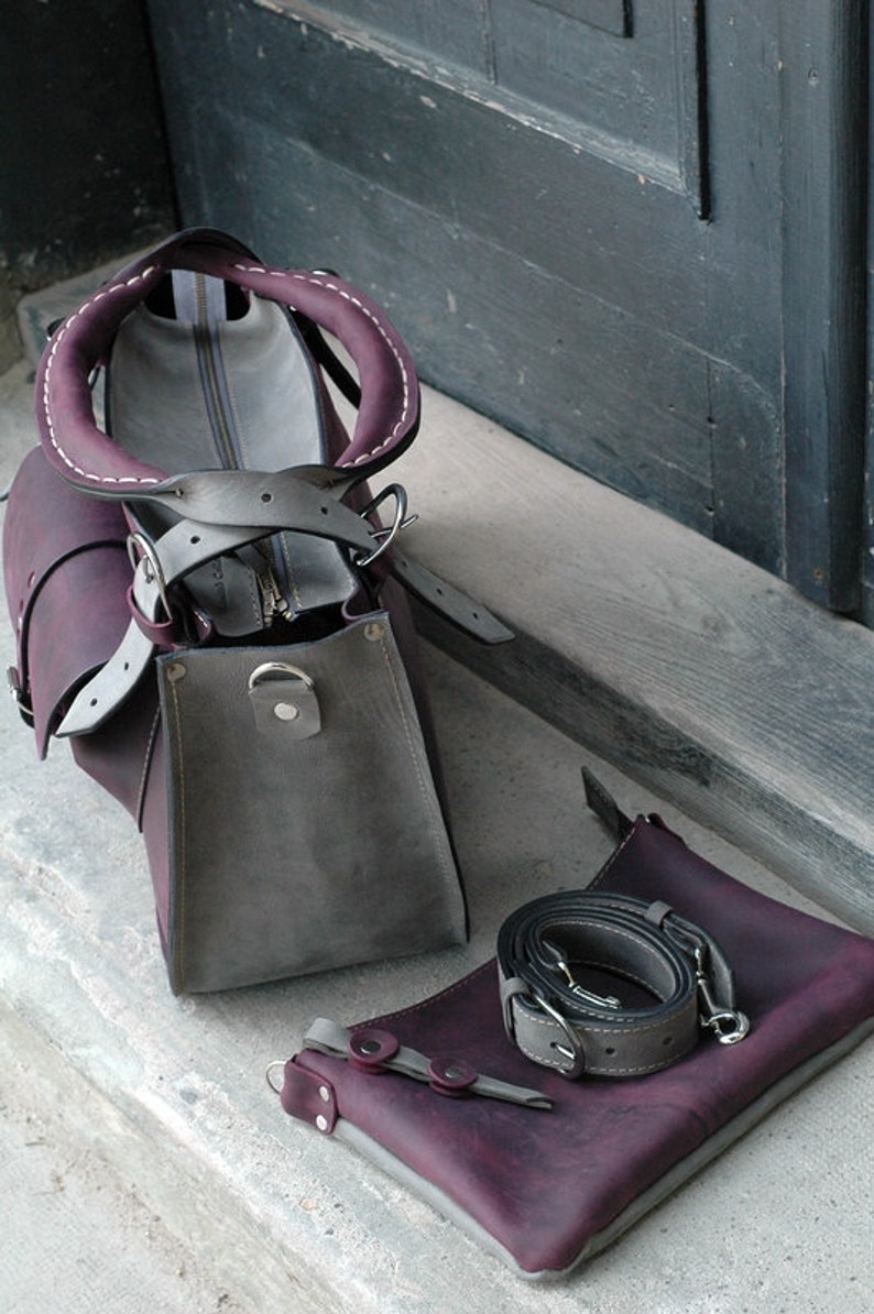 Leather Shoulder Bag With Clutch Set Handmade Bag Ladybuq Plum Etsy