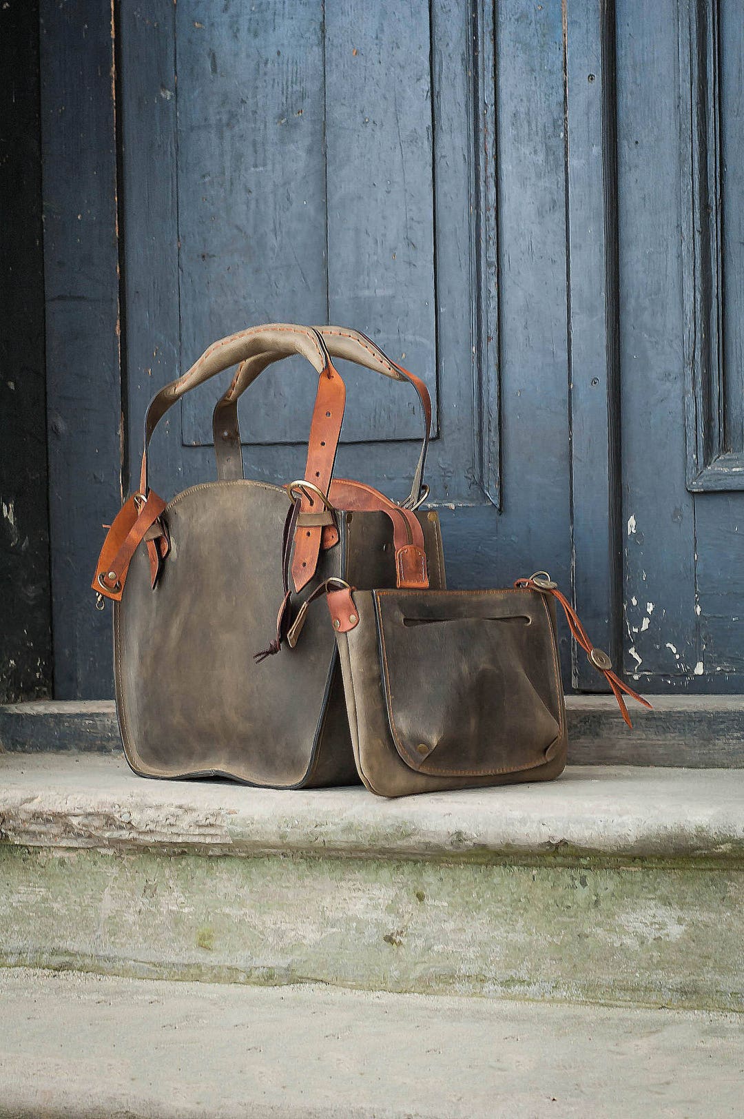 Women Tote Bag Leather Shoulder Handbag With Clutch Set Khaki Orange