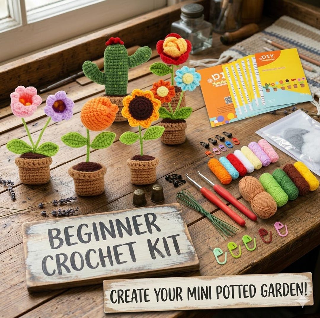 Beginner Crochet Flower Kit DIY – Amigurumi Flower & Cactus Crochet Kit ...