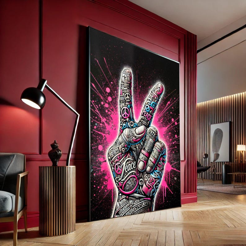 Banksy Peace Hand Gesture Canvas Wall Art, Graffiti Art Print, Living ...