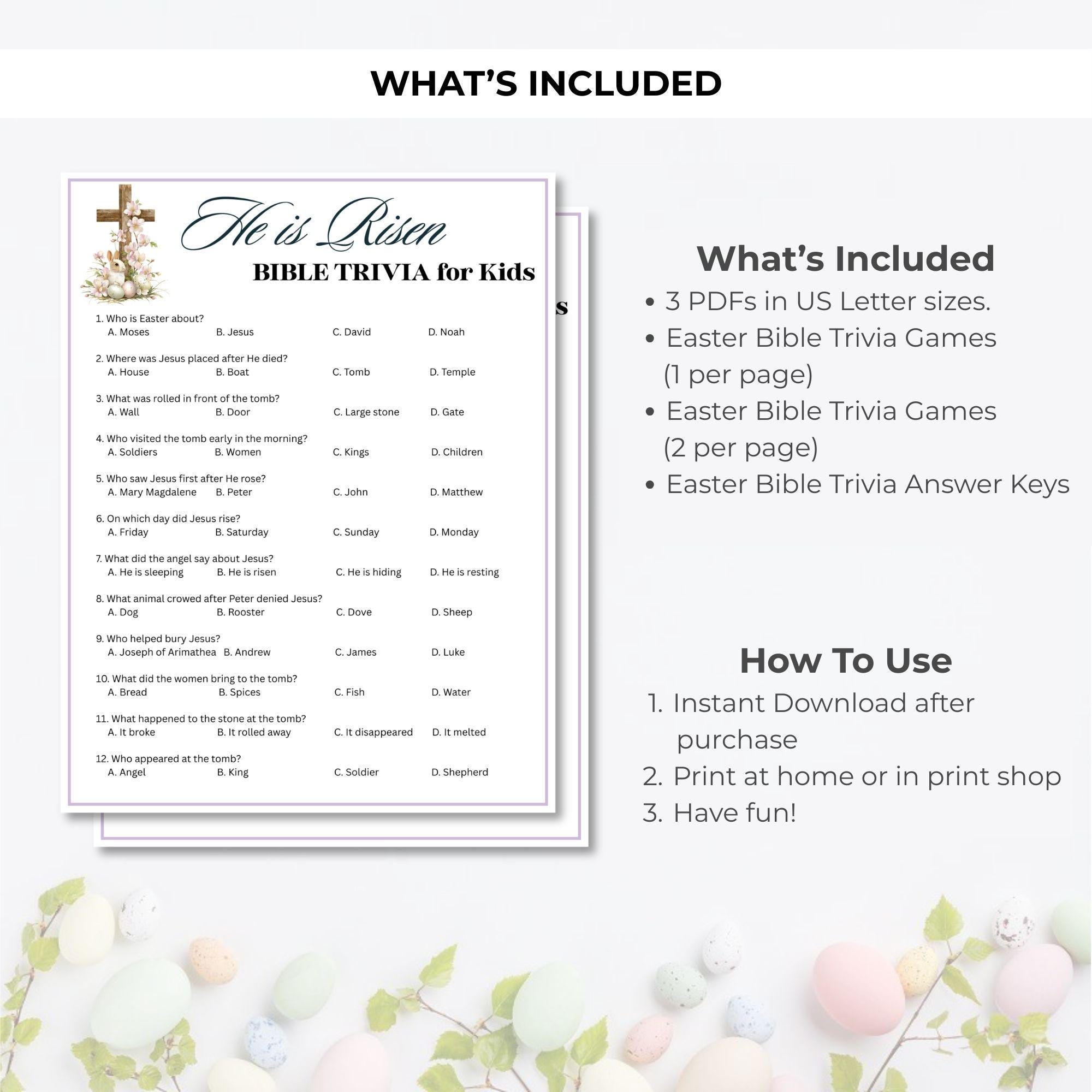 Easter Bible Trivia Game for Kids & Family Printable Easter Quiz True ...