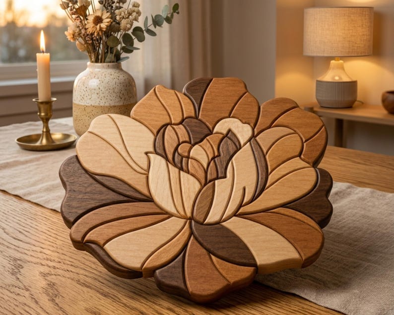 Peony Flower Intarsia Pattern PDF, Wooden Floral Wall Art Template ...
