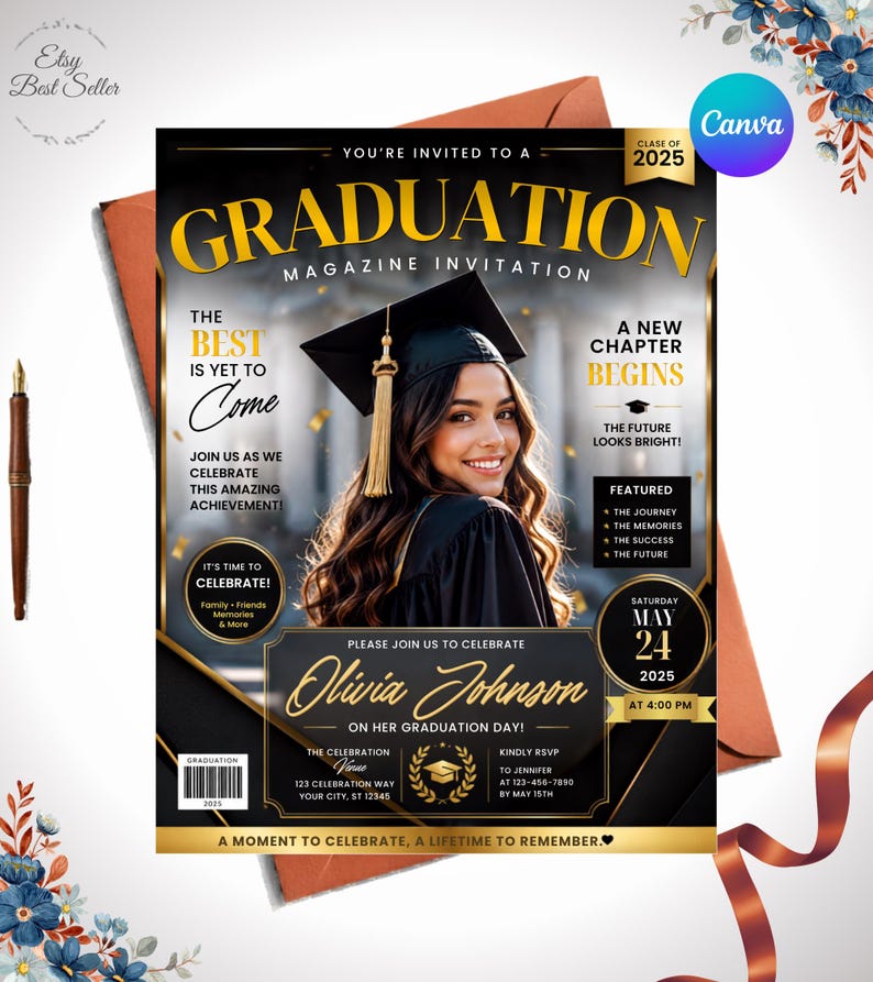 Graduation Magazine Invitation Template, Editable Canva Grad Party ...