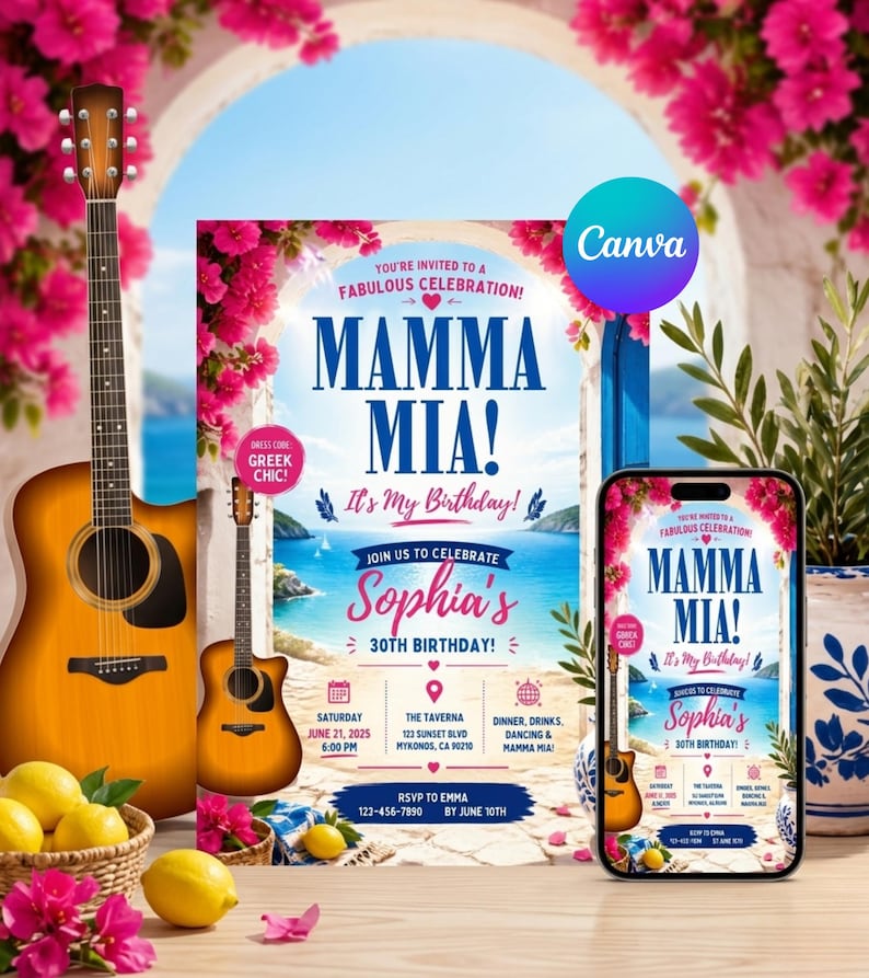Mamma Mia Themed Birthday Invitation Editable Canva Template, Dancing ...