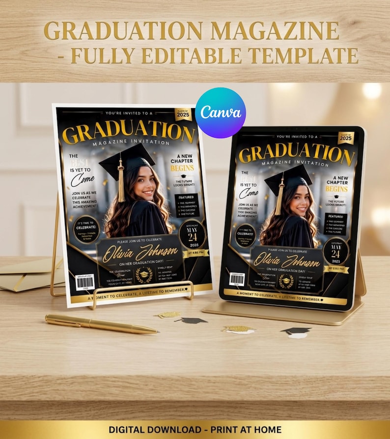 Graduation Magazine Invitation Template, Editable Canva Grad Party ...