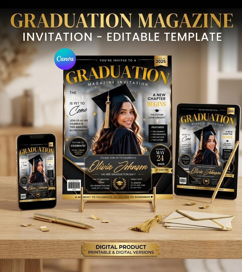 Graduation Magazine Invitation Template, Editable Canva Grad Party ...