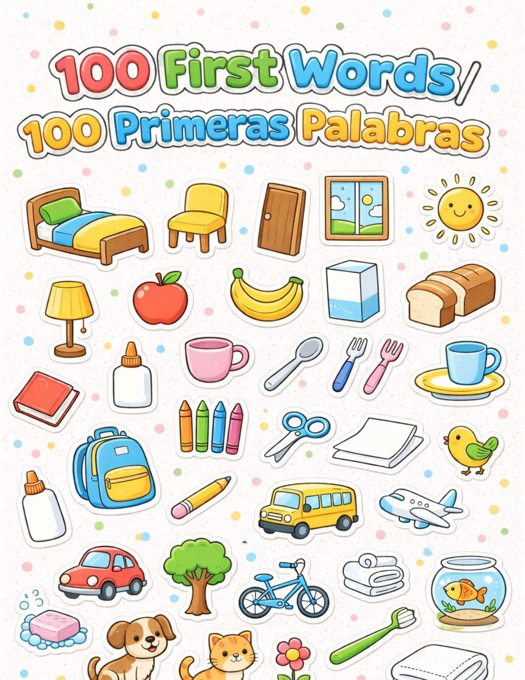 Bilingual 100 First Words Coloring Book, Spanish Learning Activity (PDF ...