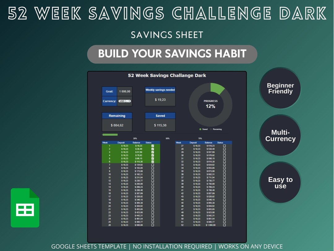 52 Week Savings Challenge Dark Mode | Google Sheets Savings Tracker ...