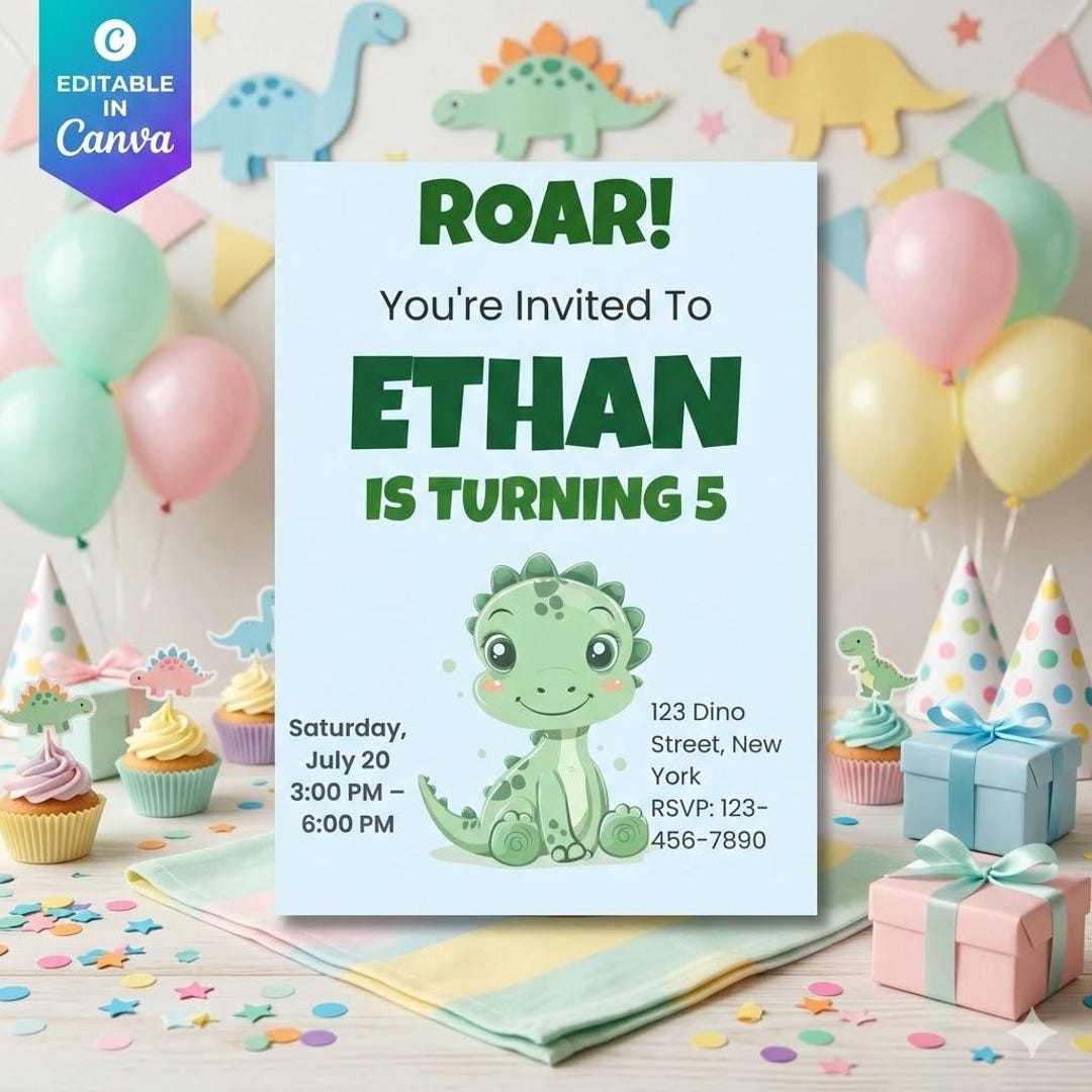 Editable Dinosaur Birthday Invitation | Kids Party Template (digital ...