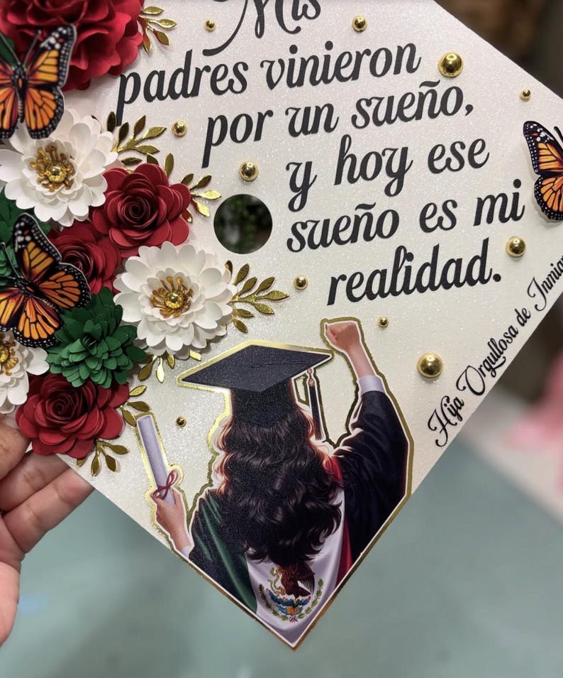 Custom White Glitter Grad Cap Topper, Mexican Inspired Floral Design ...