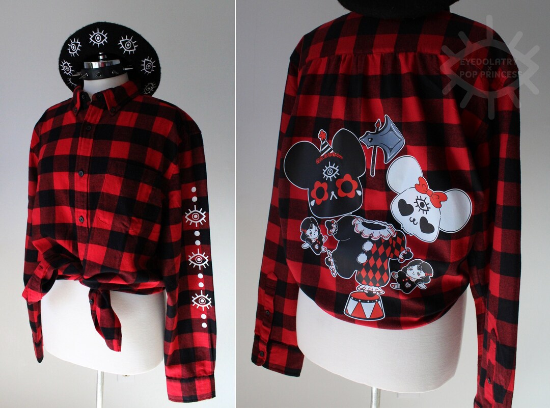 SOLD OUT Spooky Mouse Clowncore Circus Soft Flannel Button up Red Black ...