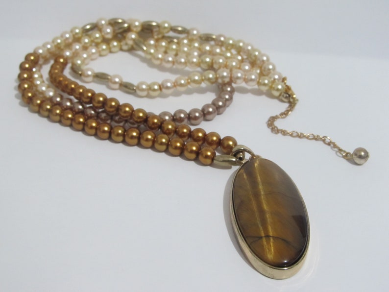 Earth Tone Pearls Two Strand Tiger Eye Oval Pendant Necklace - Etsy