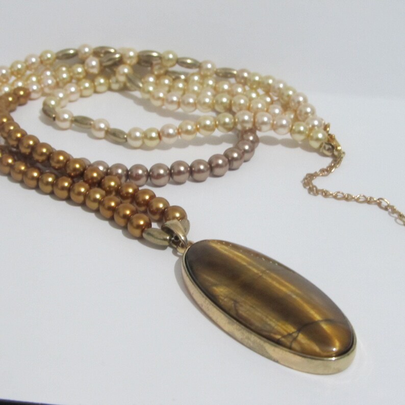 Earth Tone Pearls Two Strand Tiger Eye Oval Pendant Necklace - Etsy
