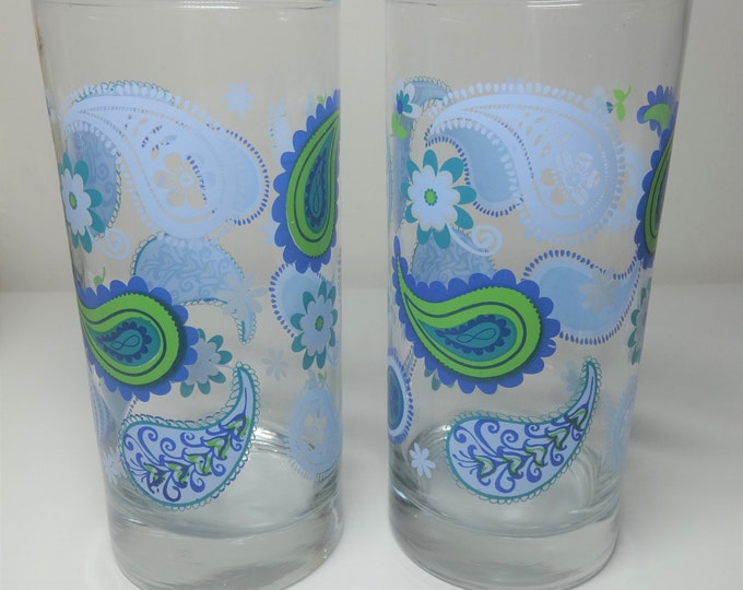 Vintage Libbey Crisa Paisley Lime Green Blue Beverage Glasses Set of ...