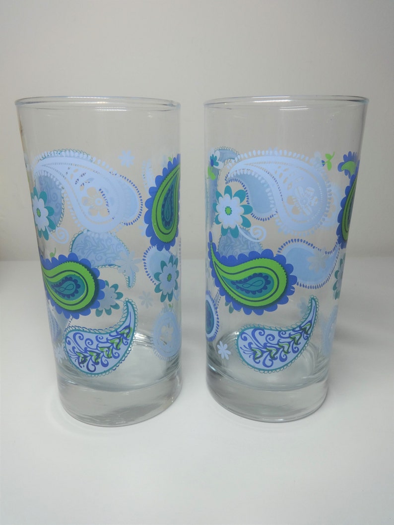 Vintage Libbey Crisa Paisley Lime Green Blue Beverage Glasses Set of ...