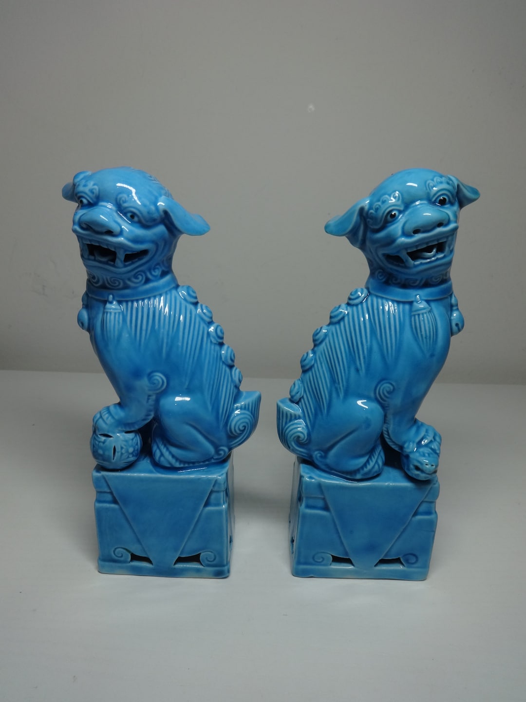 Foo Dogs Porcelain Blue Glaze Figures - Etsy