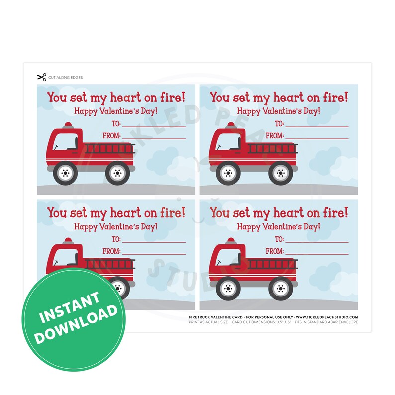PRINTABLE Valentine for Kids Fire Truck Classroom Valentine - Etsy