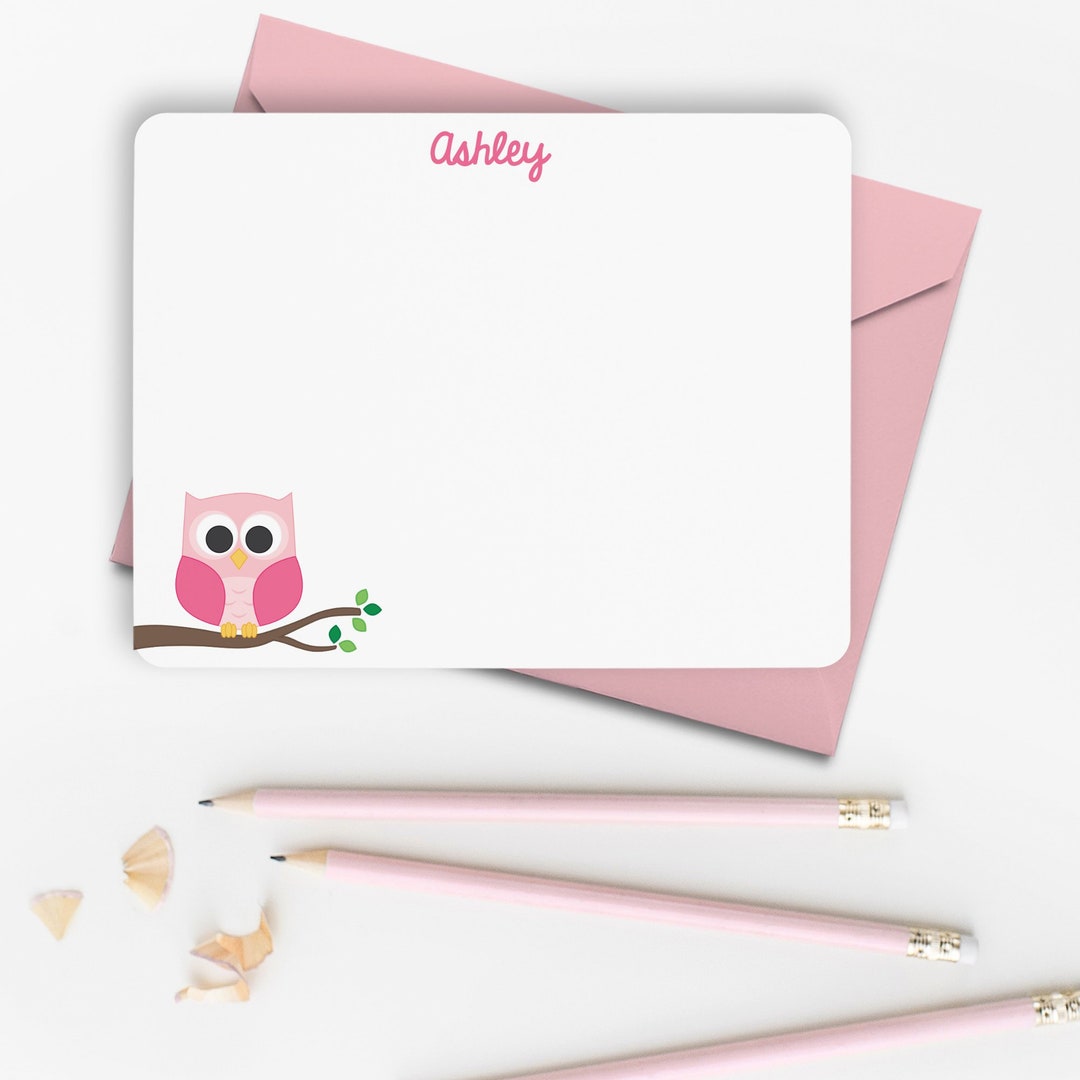 Owl Stationery, Owl Note Cards, Personalized Flat Note Cards for Kids ...