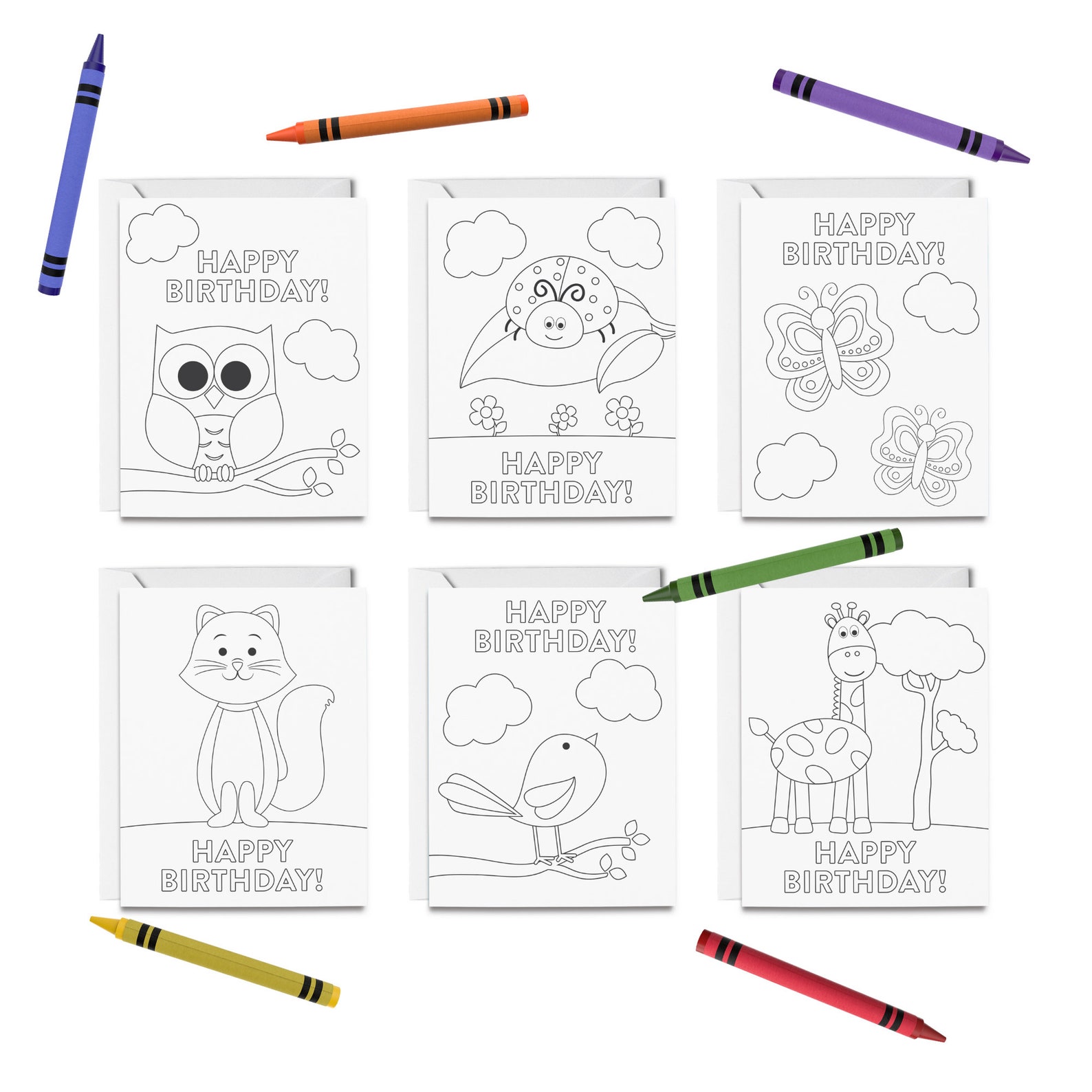 PRINTABLE Happy Birthday Coloring Cards 6 Birthday Cards for | Etsy