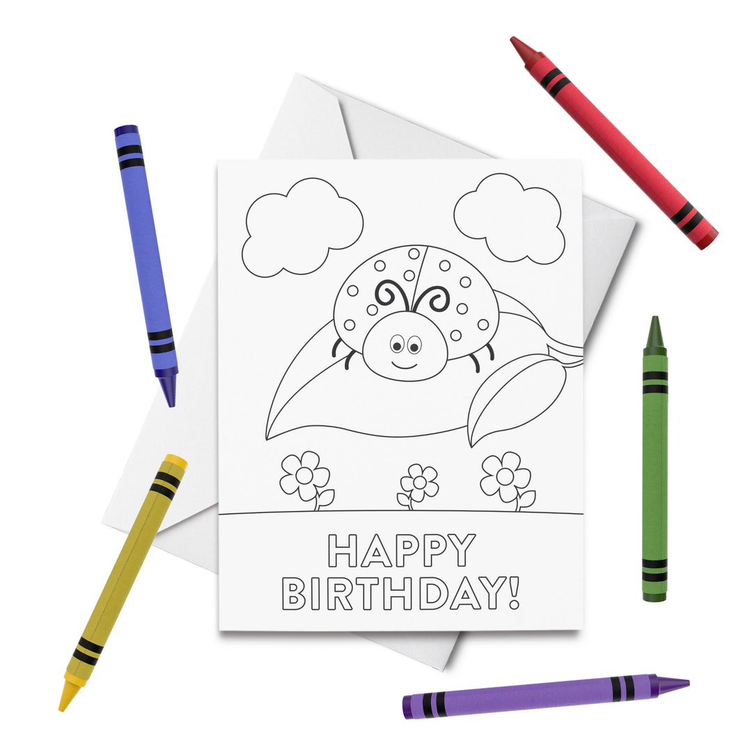 PRINTABLE Happy Birthday Coloring Card, Ladybug Birthday Card, Birthday ...