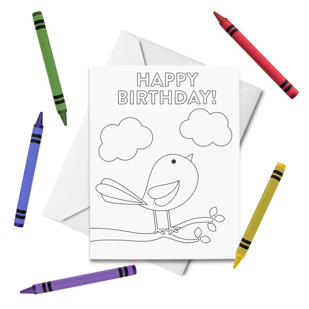 PRINTABLE Happy Birthday Coloring Card, Bird Birthday Card, Birthday ...