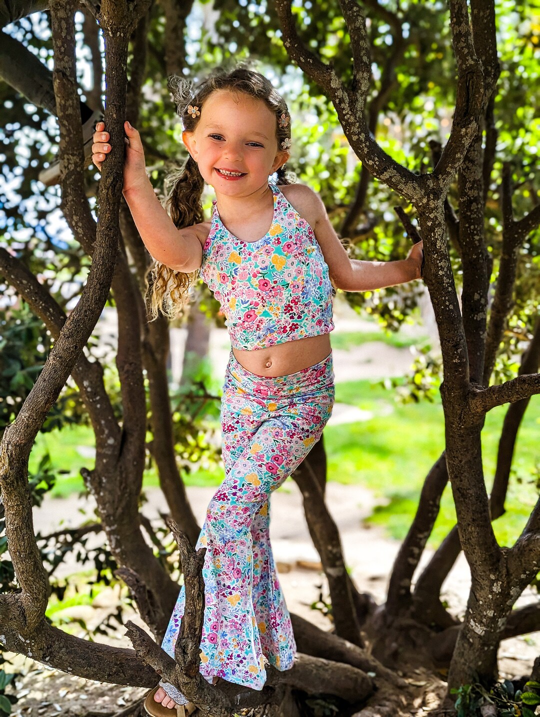 NEW! Girls Pastel Flower Halter and Bell Bottom Set, Halter Set, Halter ...