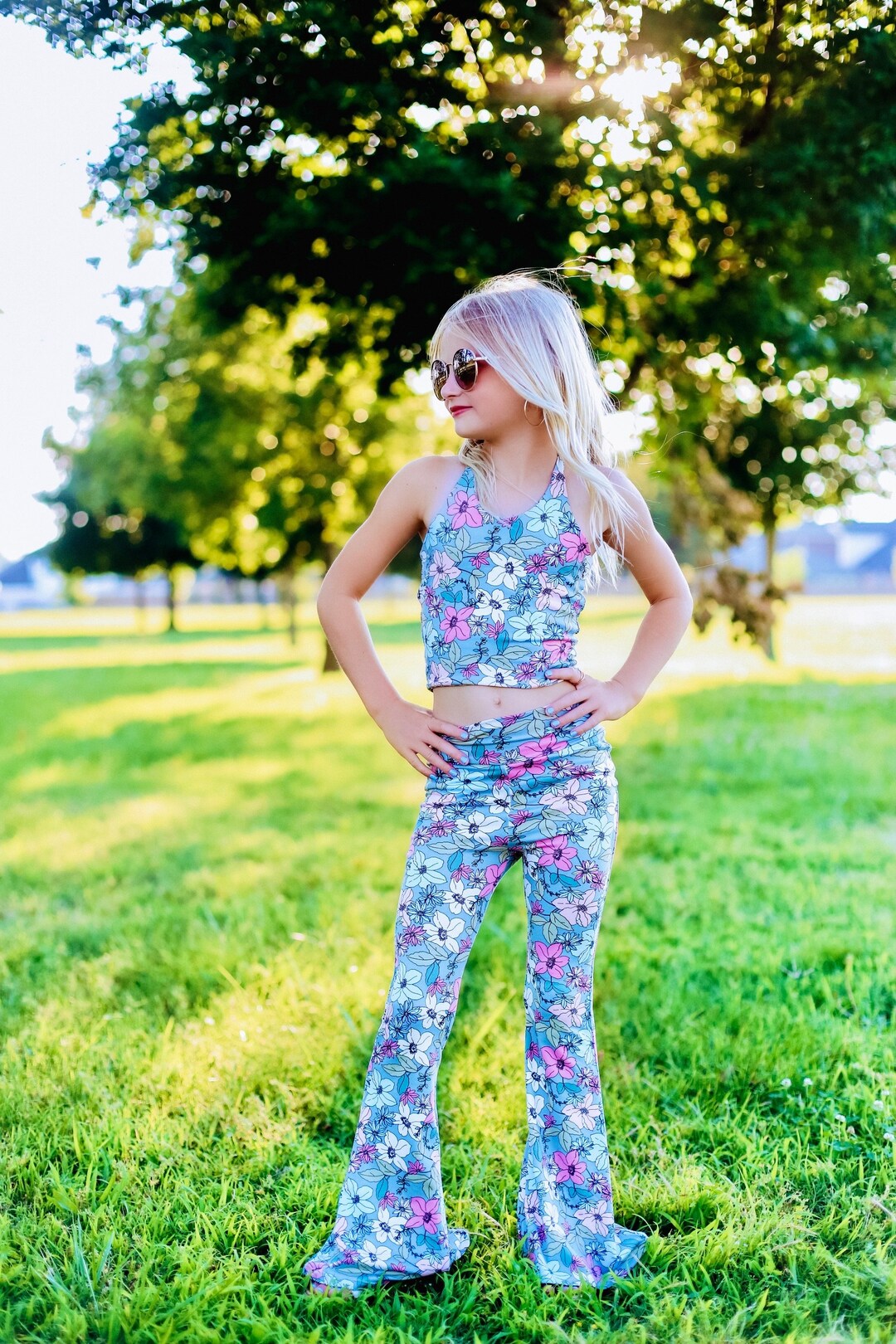 NEW! Girls Fuschia Gray Floral Halter and Bell Bottom Set, Western ...