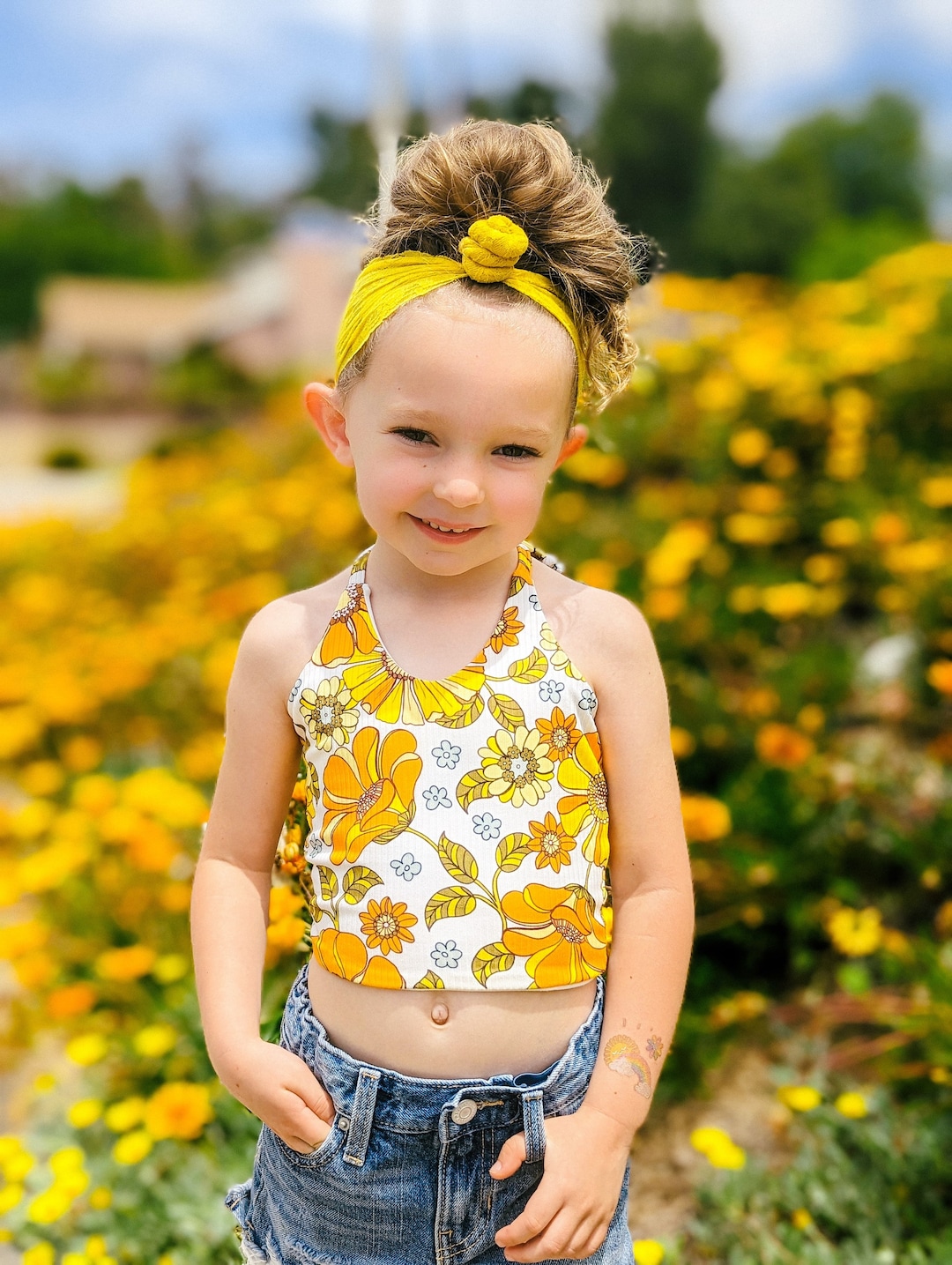 NEW Yellow Poppy Halter Top, Girls Crop Top, Crop Halter Top, Retro ...