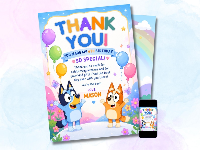 Bluey Thank You Card Template Editable Canva, Blue Dog Birthday Thank ...