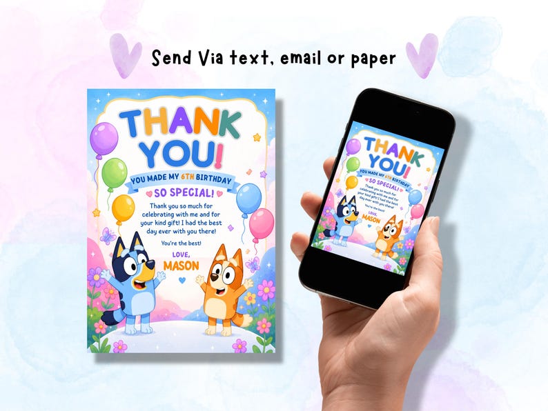 Bluey Thank You Card Template Editable Canva, Blue Dog Birthday Thank ...