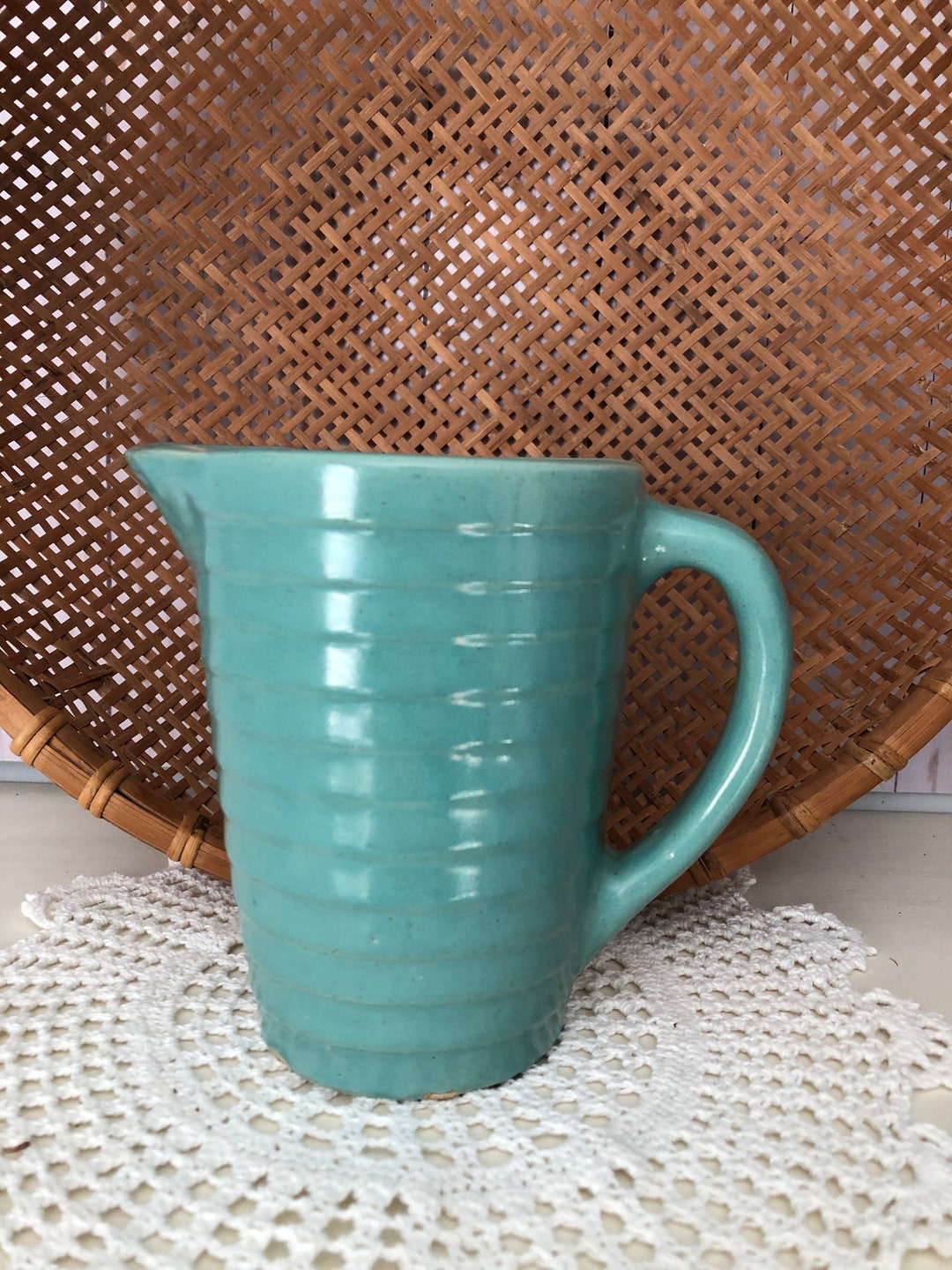 Vintage Jade Green Pottery Pitcher - Etsy