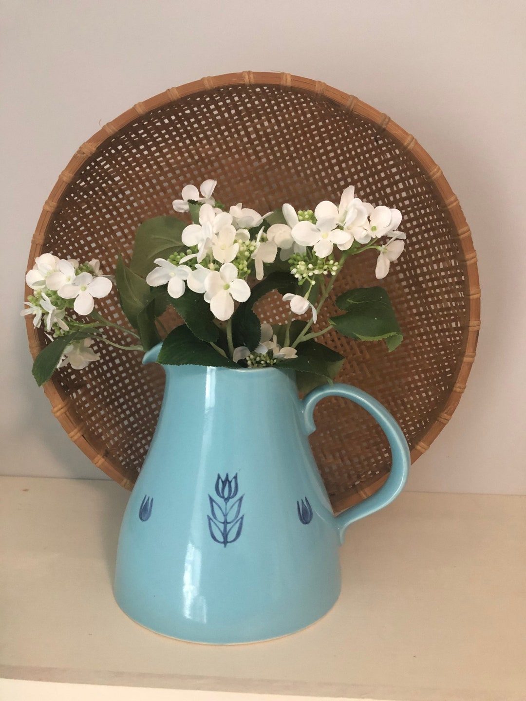 Vintage Cronin Blue Pottery Pitcher With Tulips, Made in the USA, MCM ...